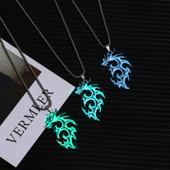 Glow Flame Dragon Necklace Personality Punk Glow Pendant Animal Sweater ...