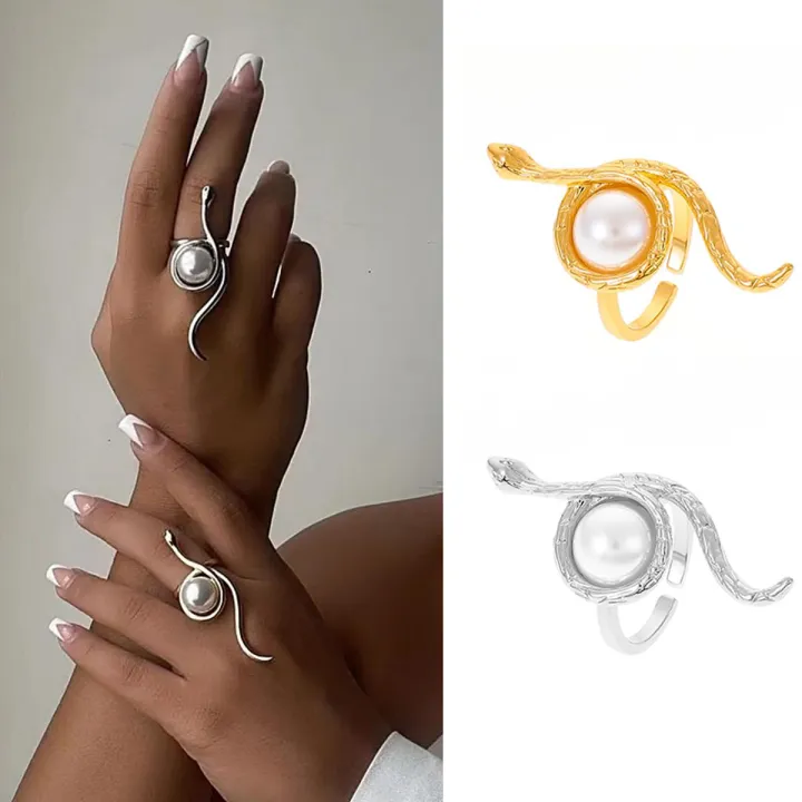 New 2025 Snake Rings for Women Party Accessories Pearl Jewelry Fashion ...