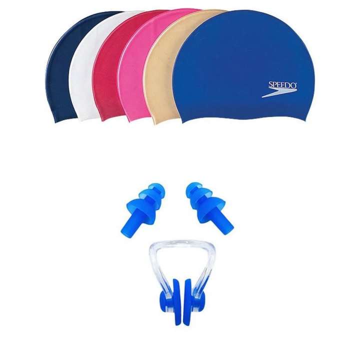 Set of 2 - Silicone Swimming Cap and Nose Clip Ear Plug Set for Adults ...