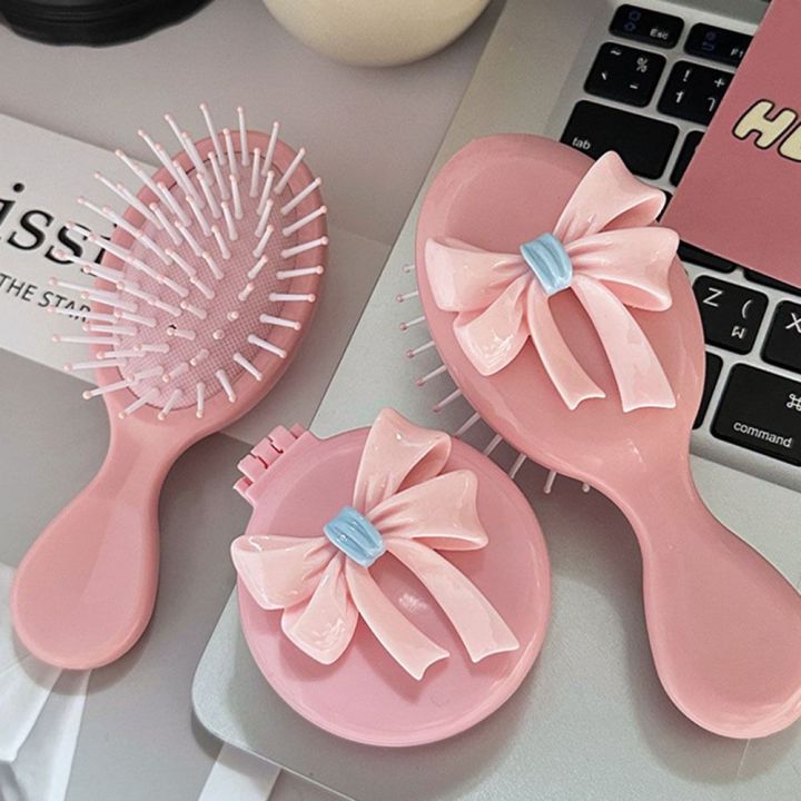 Mini Pink Round Folding Comb with Mirror Anti Static Bow Decor Air ...