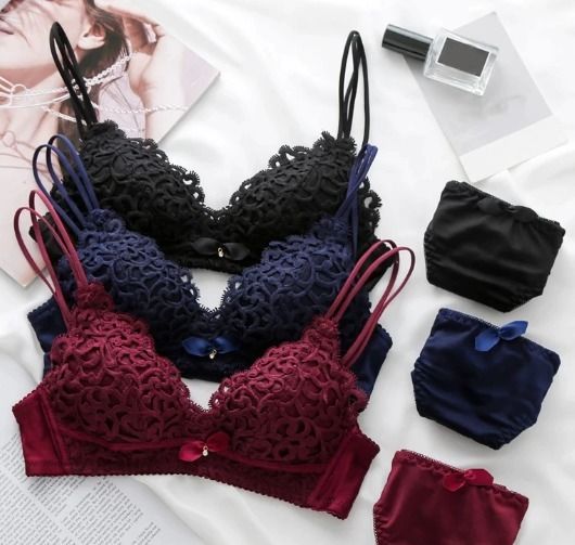 Women’s Lace Push-Up Bra Set Sexy Wireless Jacquard Bra with Bow ...