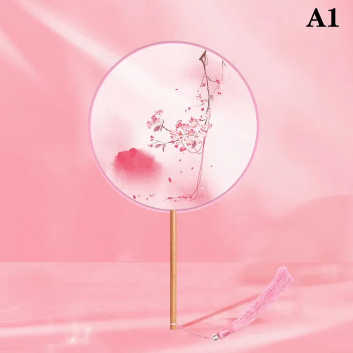 Chinese Round Hand Fan Vintage Printing Silk Fan Ancient Tassel Dance ...