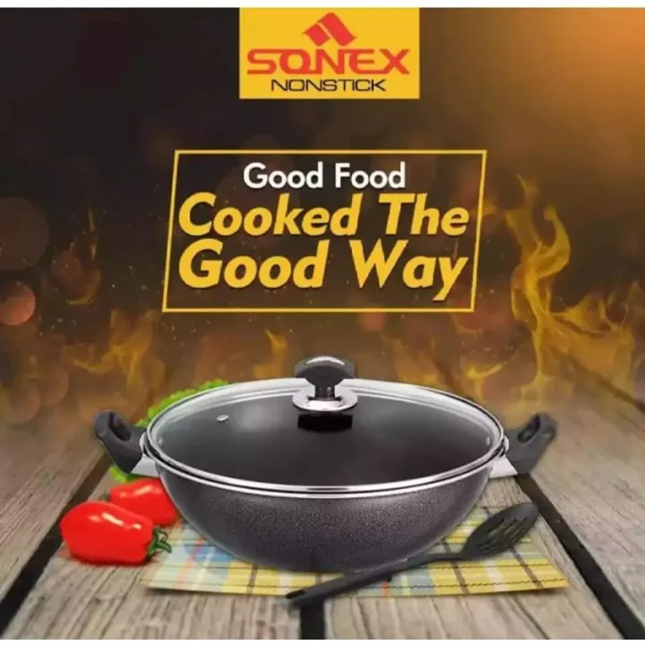 Sonex Non Stick Cooking Wok With Glass Lid - Black Karahi 40CM | Daraz.pk