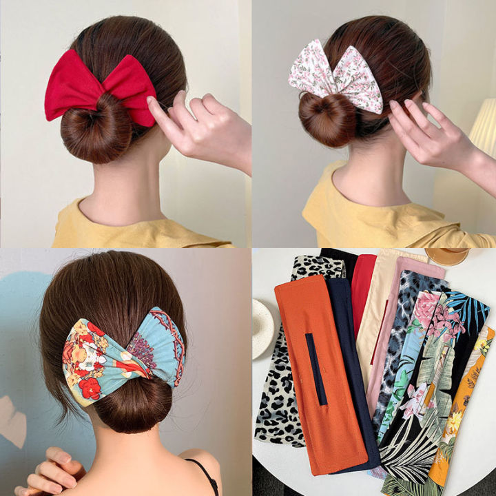 3Pc Deft Bun Hair Band Women Printed Headband Bow Donut Bun Maker DIY ...