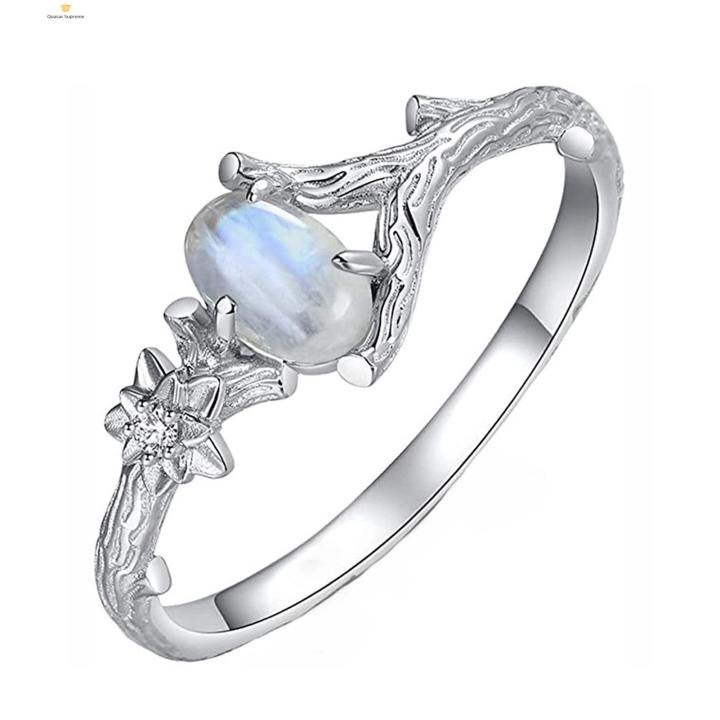 Quasar Female Ring Engraved Tree Branch Shiny Faux Moonstone Women Ring ...