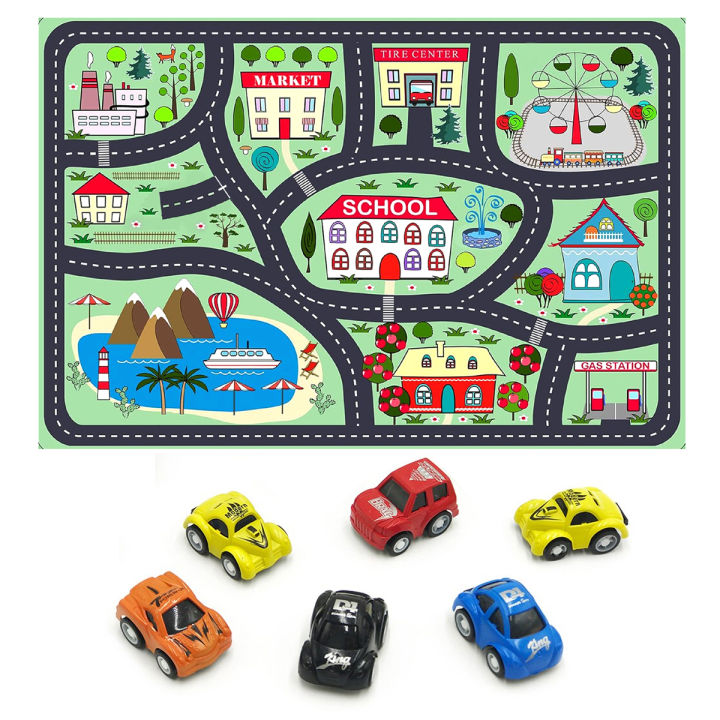 Kids Play Mat With 6 Pcs Cars Racing PullBack Vehicle School Theme Road ...
