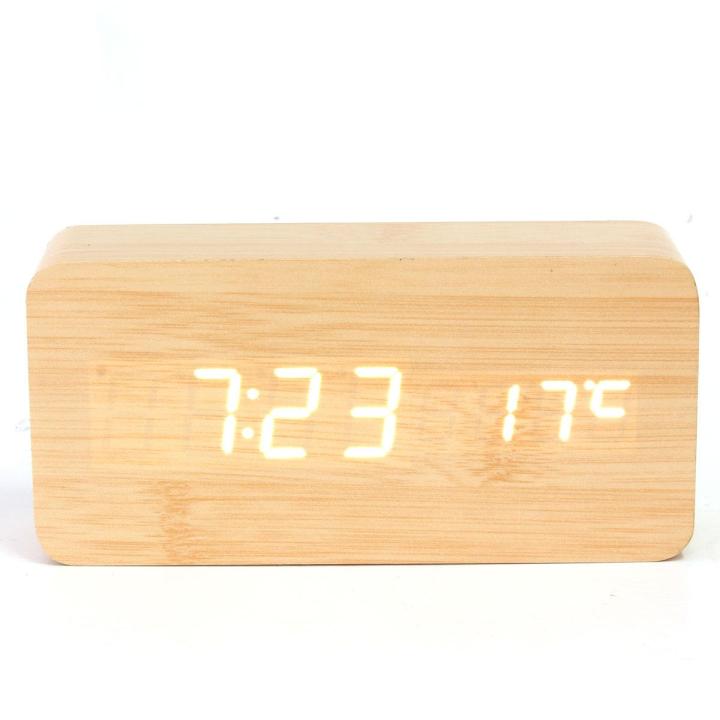 Bamboo Wooden Digital White LED Alarm Modern Clock Calendar Thermometer ...