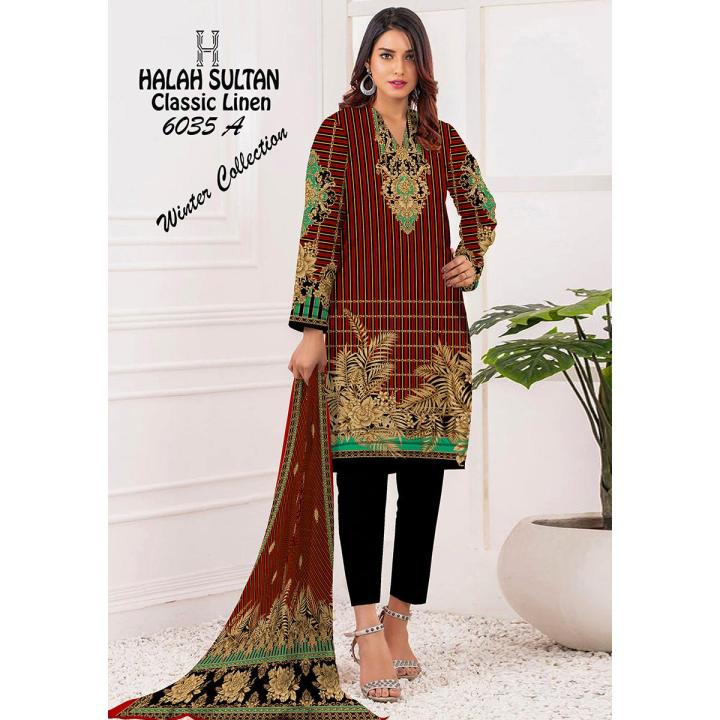 Halah Sultan Classic Linen Unstitched 3 Piece Suit DN# 6035-A | Daraz.pk