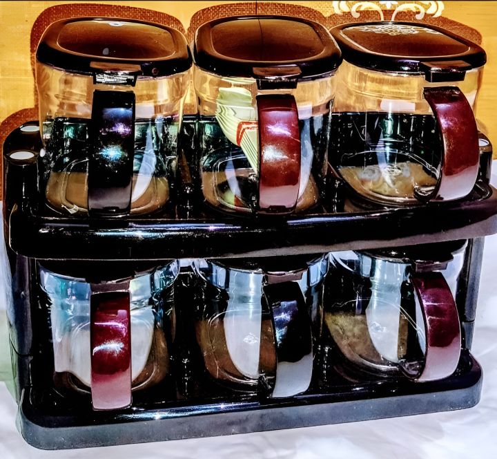 Kitchen Spice Jars Organizer Rack Masala Box Set 6 Pieces with Spoons ...