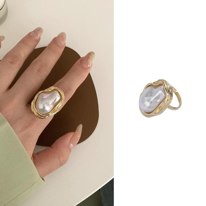 New 2023 Elegant Women Gold Metal Irregular Pearl Open Rings Adjustable | Daraz.pk