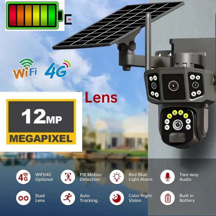 12MP 4G/ WiFi Solar Camera Three Lenses Outdoor 12MP 4K Low Power ...