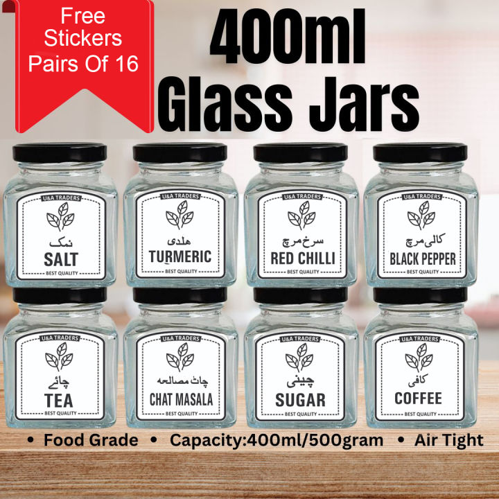 Pure 8 Glass Jar 400ml/500Gram with Stickers, Kitchen Spices jars ...