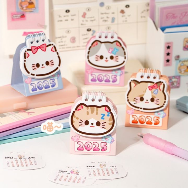 Portable 2025 Mini Desk Calendar Cartoon Cat Coil Planner Desktop ...