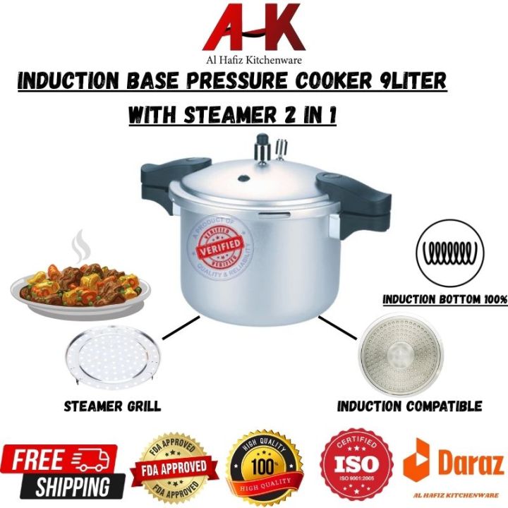 Induction Base Pressure Cooker 9 Liter with Steamer 2 in 1 Extra Large ...