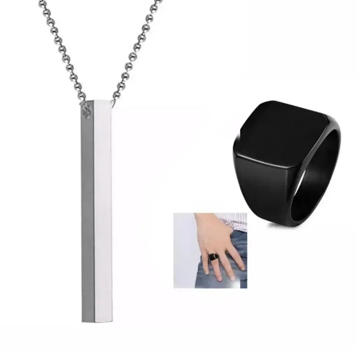 Combo Of Black Finger Ring With Silver Cuboid Rectangle Neck Pendant ...