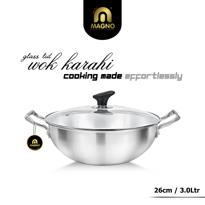 MAGNO Wok Karahi 26CM – Pure Aluminum – Glass Lid – High Finish Metal ...