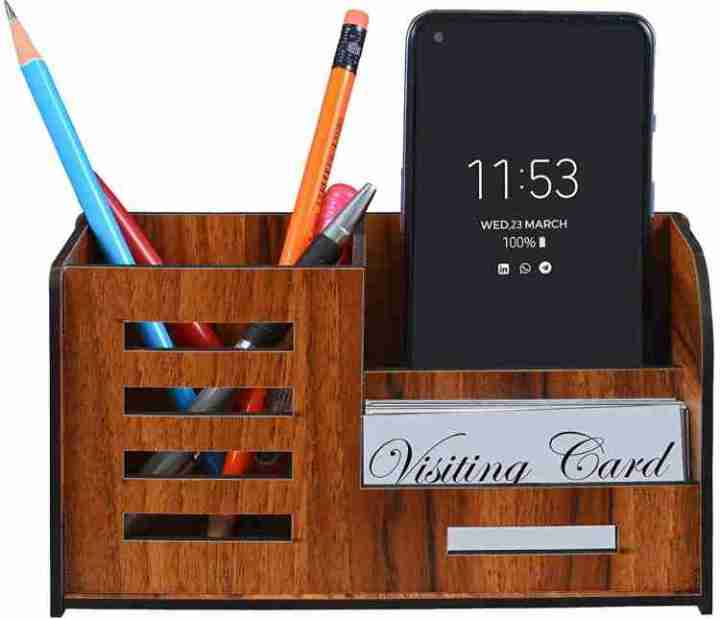 Stand with Visiting Card & Mobile Holder Wooden Desk Organizer | Pen ...