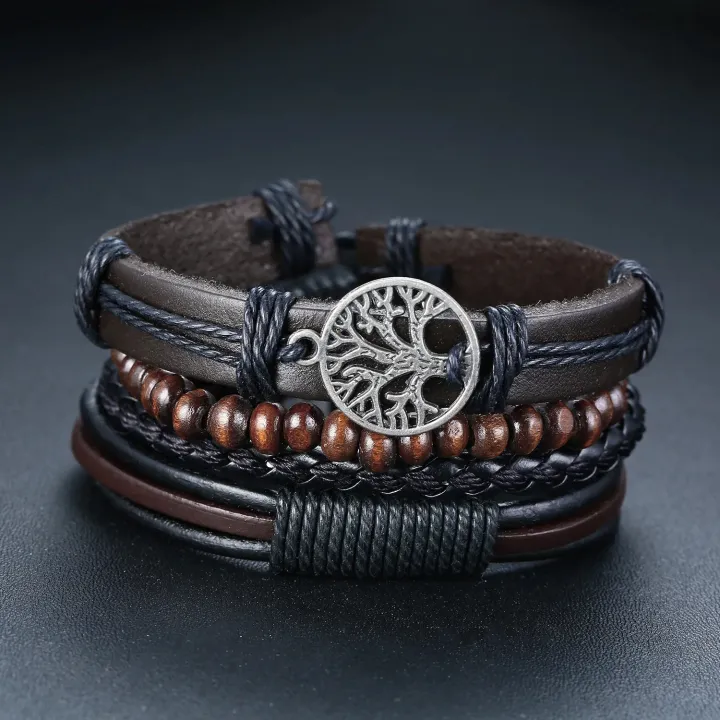 4-Piece Men’s Leather Wrap Bracelet Set – Vintage Tree of Life & Wood ...