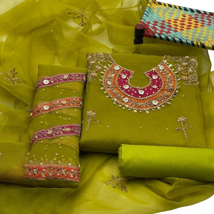 Pure Organza Gota Shirt with Kathan Silk Trouser and Organza Dupatta ...