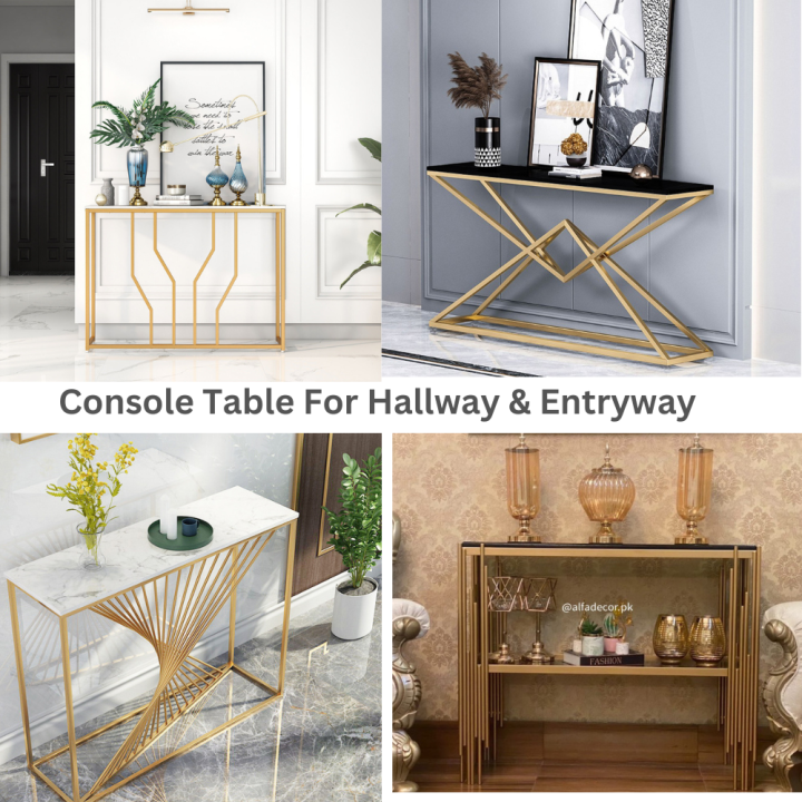 Living Room console table wooden marble texture top & iron frame ...