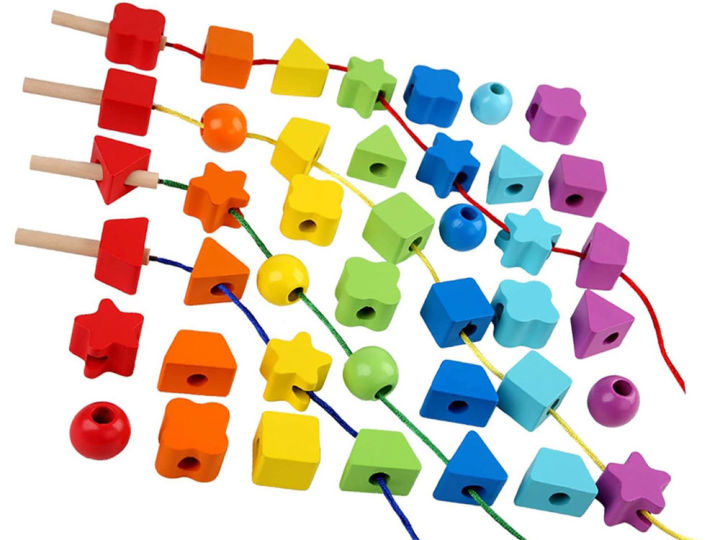Rainbow Beaded Wooden Blocks-With 4 Different Geometric Shapes ...