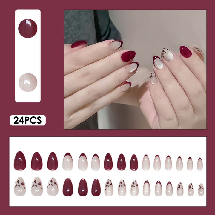 W1799 Short Almond Press On Nails 24pcs Leopard French Tip Cat Eye ...