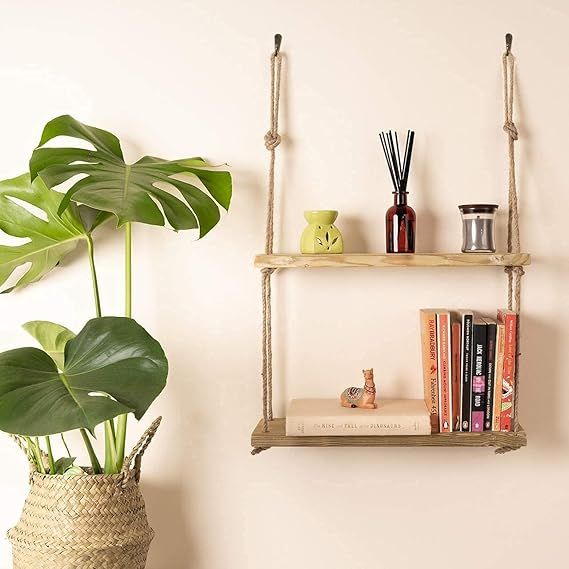 Fresco Alif " Two Tier Wood Floating Shelves, Hanging Swing Rope ...