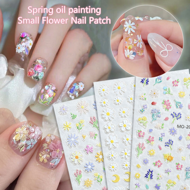 Spring Oil Painting Flower Nail Stickers 5D Relief Nail Art Stickers ...