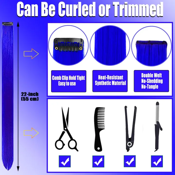 BLUE Hair Extensions Clip in, Colored Party Highlights Extension for ...