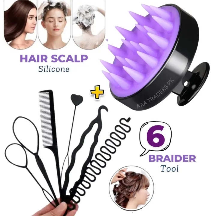 Silicone Shampoo Brush & 6pcs Set Braids Tools # Clean The Scalp ...