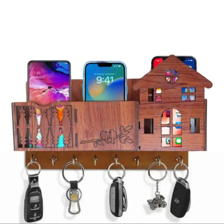 Wooden Wall-Mounted Key Holder & Phone Organizer | 6-Hook Entryway Key ...