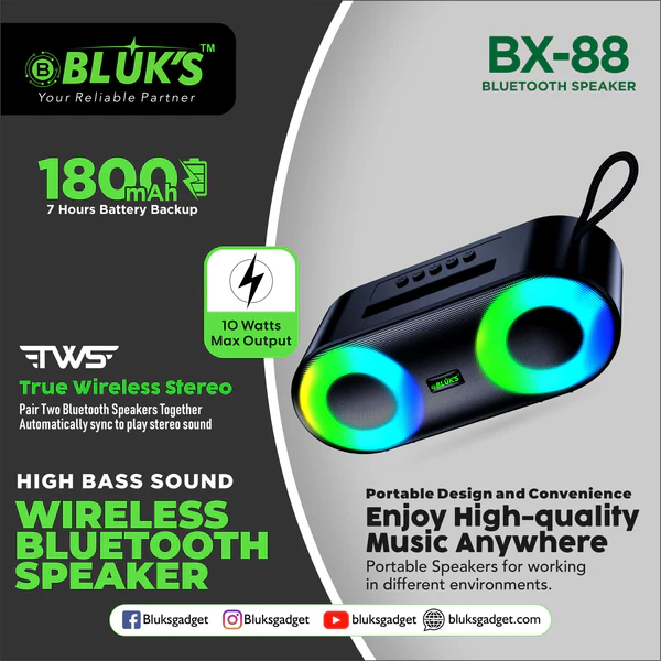 BLUK’S BX88 Wireless Bluetooth Speaker – 10W Powerful Sound, Deep Bass ...