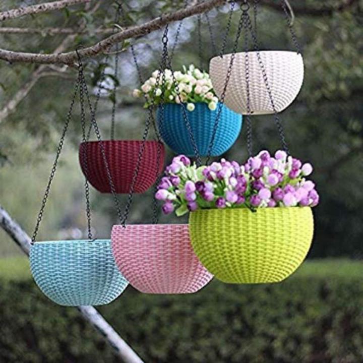 Go Hooked Multicolor Round Rattan Woven Plastic Flower Hanging Planter ...