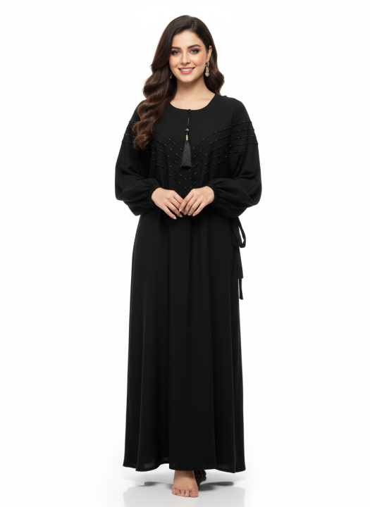 Nida Fabric Abaya Front Full Heavy Black Mukesh Work | Abaya For Girls ...