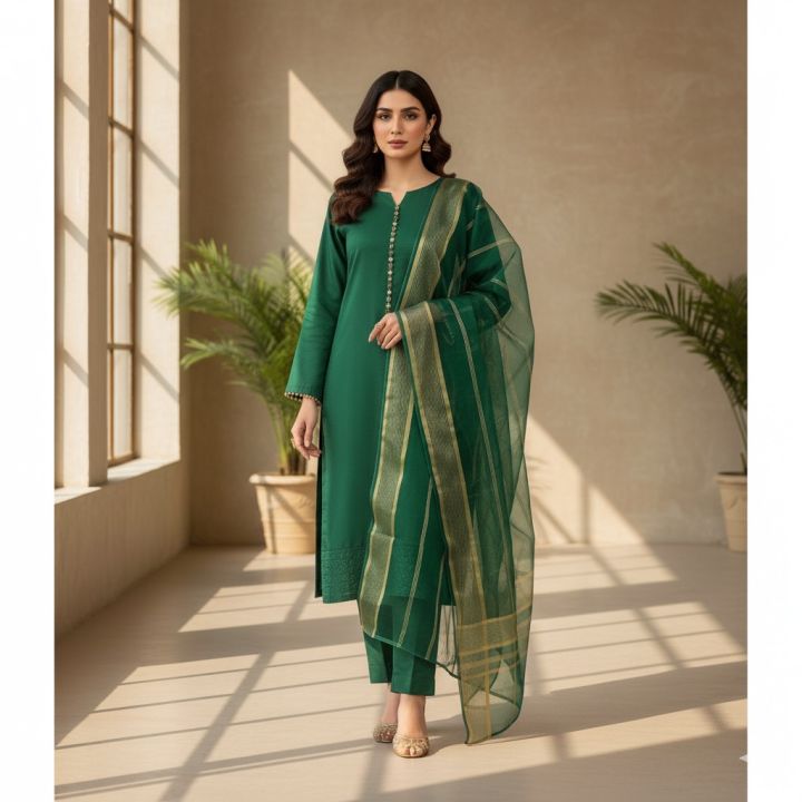 Shah Kamal Fabrics Unstitched 3 Piece Suit-Katan Silk Plain Shirt ...