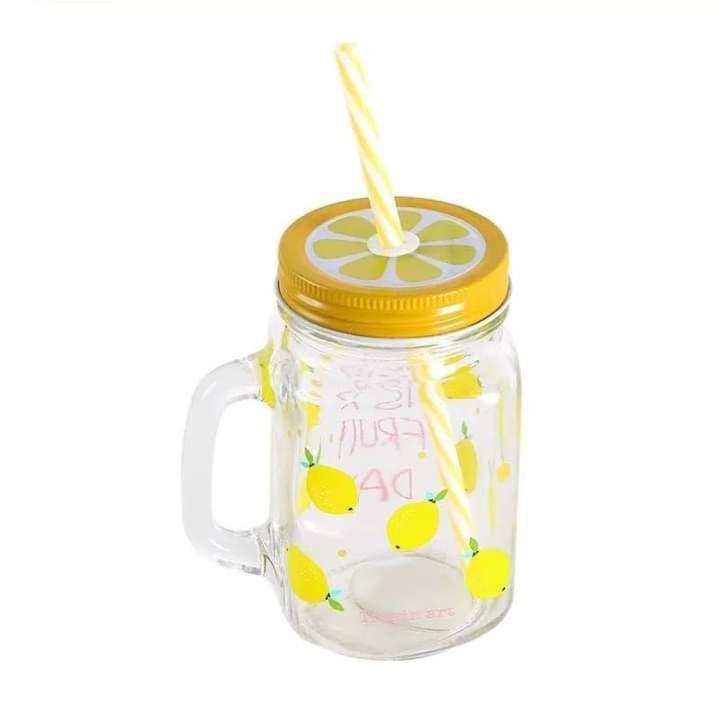 Multicolor Heat Resistant Fruity Glass Mason Jar Mugs Fruit Juice Cups with Lid and Straw For ...