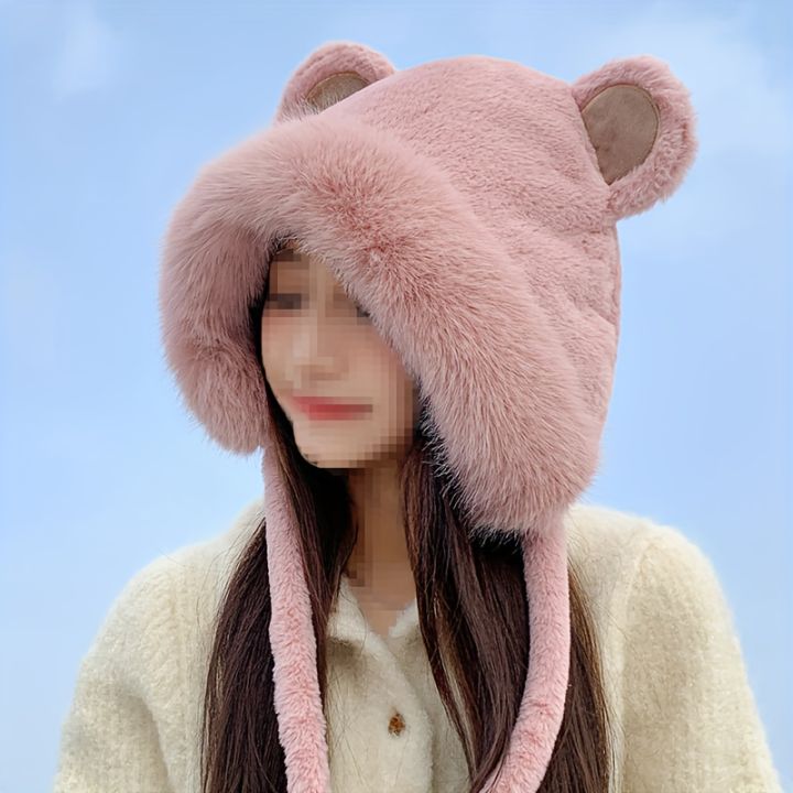 Cute Bear Ears Plush Hats Solid Color Cartoon Ear Flap Hats Breathable ...