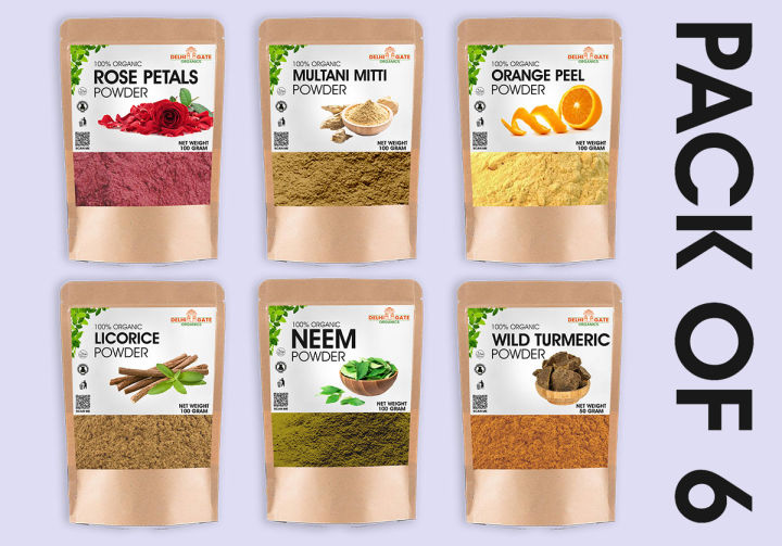 Pack of 6 - Pure Orange Peel Powder + Neem Leaves Fine Powder + Mulethi ...