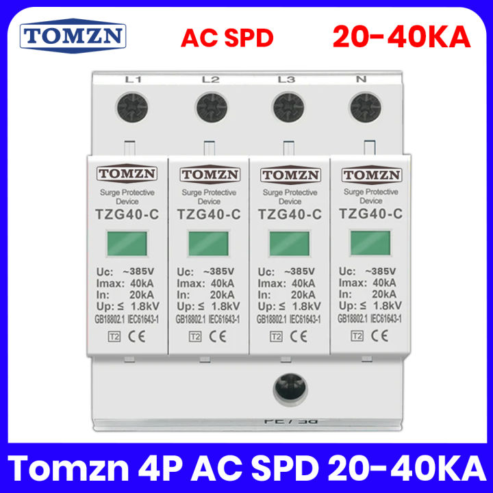 TOMZN Three Phase AC SPD Din rail 4P 385V 20 -40KA House 3 Phase Lightning Surge Protector ...
