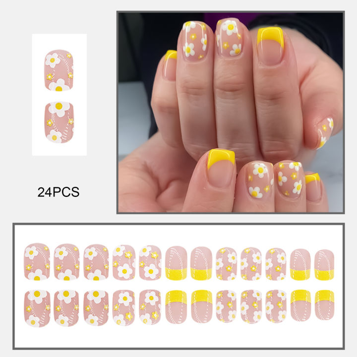 JB662 24PCS Short Fake Nails with Yellow Floral Design | Daraz.pk