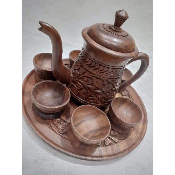 completely solid wood made tea set with 1 Kettle 6 cup and 1 round trey ...
