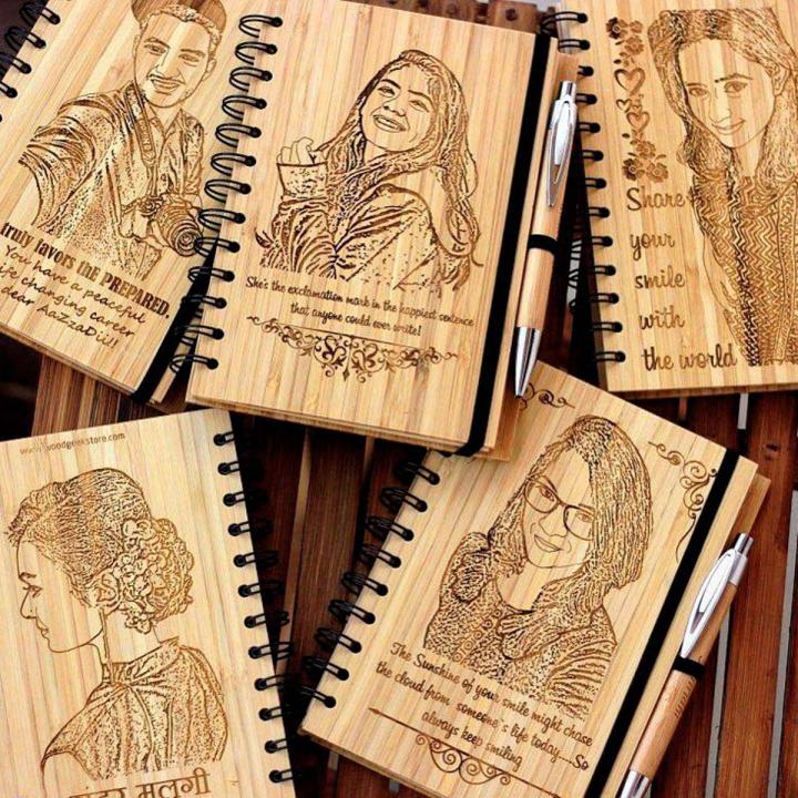 Wooden Customized Name & Picture Engraved Diary with Wooden Pen ...