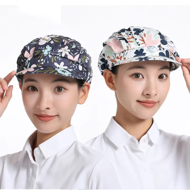Women Cotton Dust proof Work Cap Printing Fabric Bundled Hair Cook Hat ...