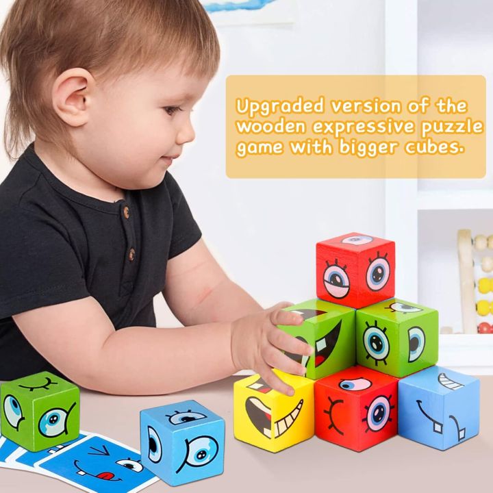 Face Changing Wooden Toy Cube Building Blocks for Children Funny ...