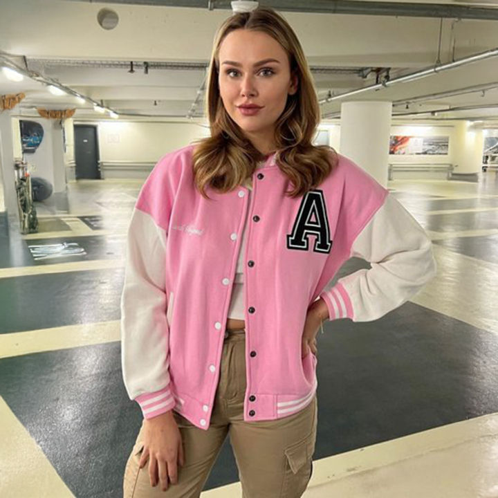 Letter Patched Contrast Sleeve Women Varsity Jacket | Daraz.pk