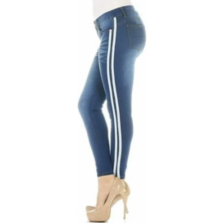 NAVY BLUE DENIM WHITE ND BLACK STRIPES JEANS FOR HER | Daraz.pk