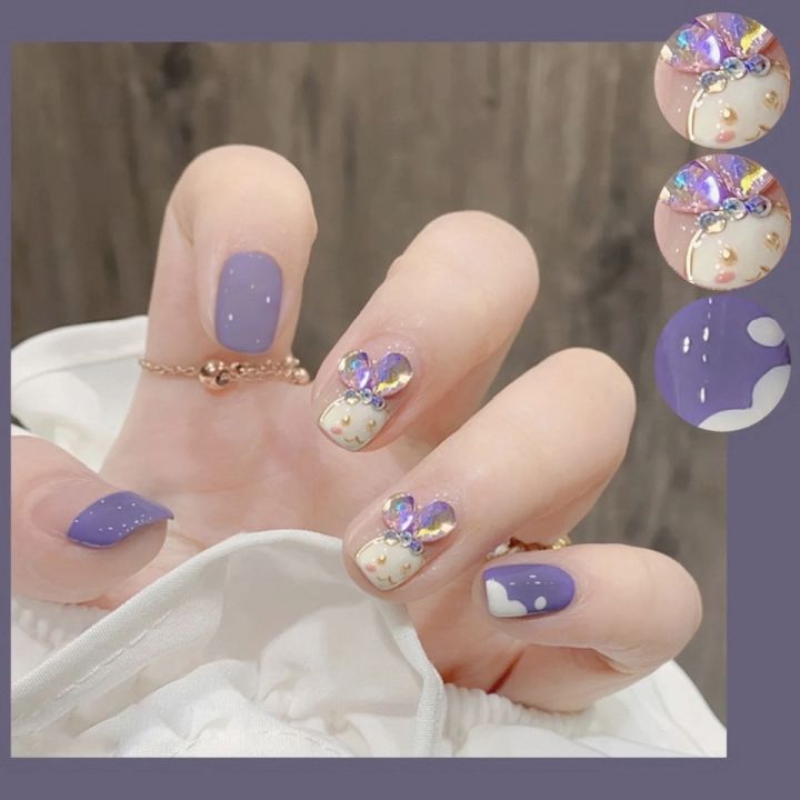 24P Taro Purple Bunny Design Full Coverage Nails Artificial Removable ...