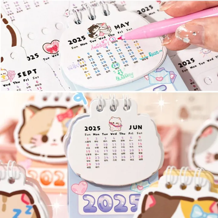 Cute 2025 Mini Desk Calendar Coil Planner Cartoon Cat Desktop Calendar ...