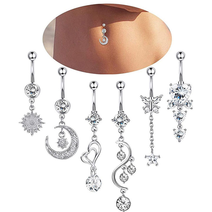 14G Crystal Navel Ring Barbell Drop Dangle Body Piercing Belly Button ...