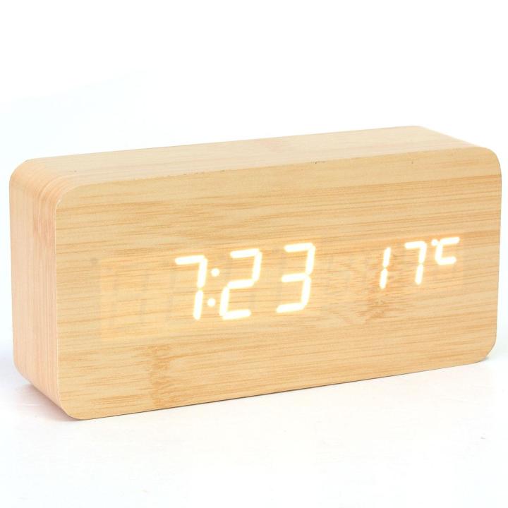 Bamboo Wooden Digital White LED Alarm Modern Clock Calendar Thermometer ...